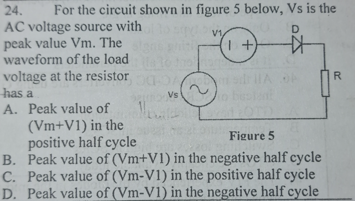 24. For the circuit shown in figure 5 below, Vs is the AC voltage source with peak value Vm. The ...