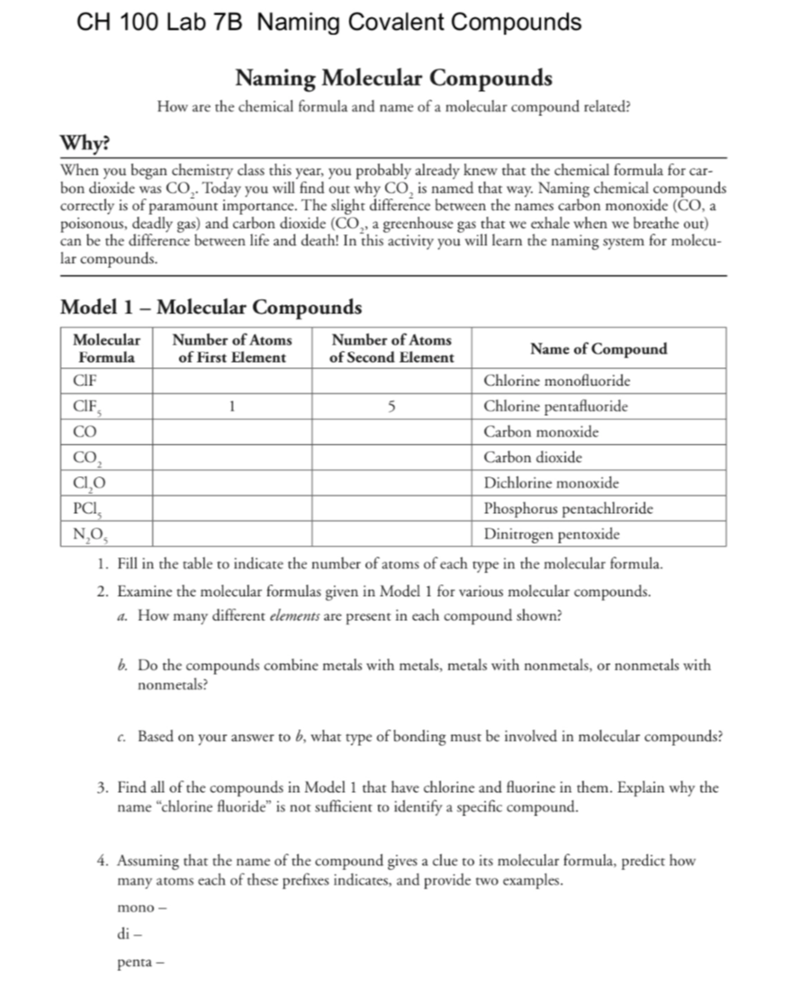 ch 100 lab 7b naming covalent compounds naming molecular compounds how ...