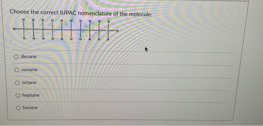 Choose the correct IUPAC nomenclature of the molecule: decane nonane octane heptane hexane