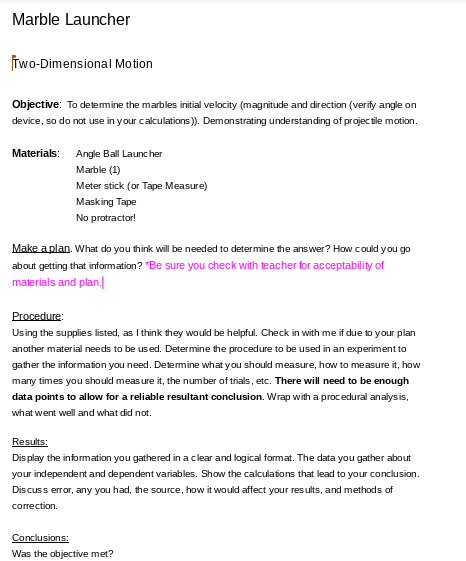 marble launcher ttwo dimensional motion objective to determine the ...
