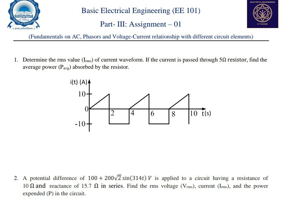 basic electrical engineering ee 101 part iii assignment 01 fundamentals on ac phasors and ...