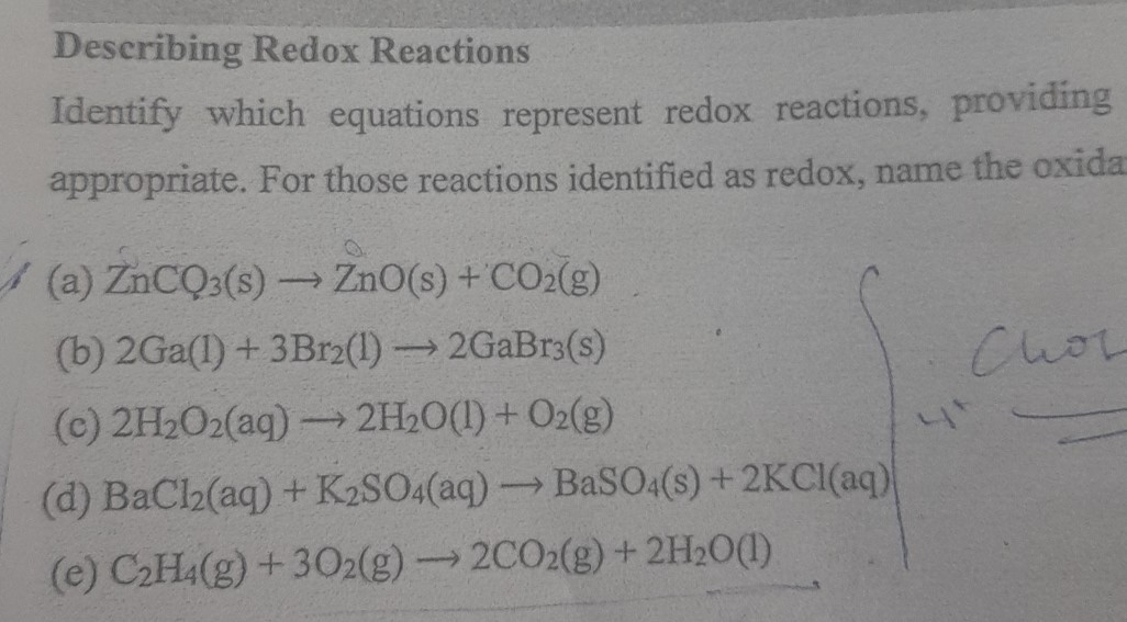 Describing Redox Reactions Identify which equations represent redox ...