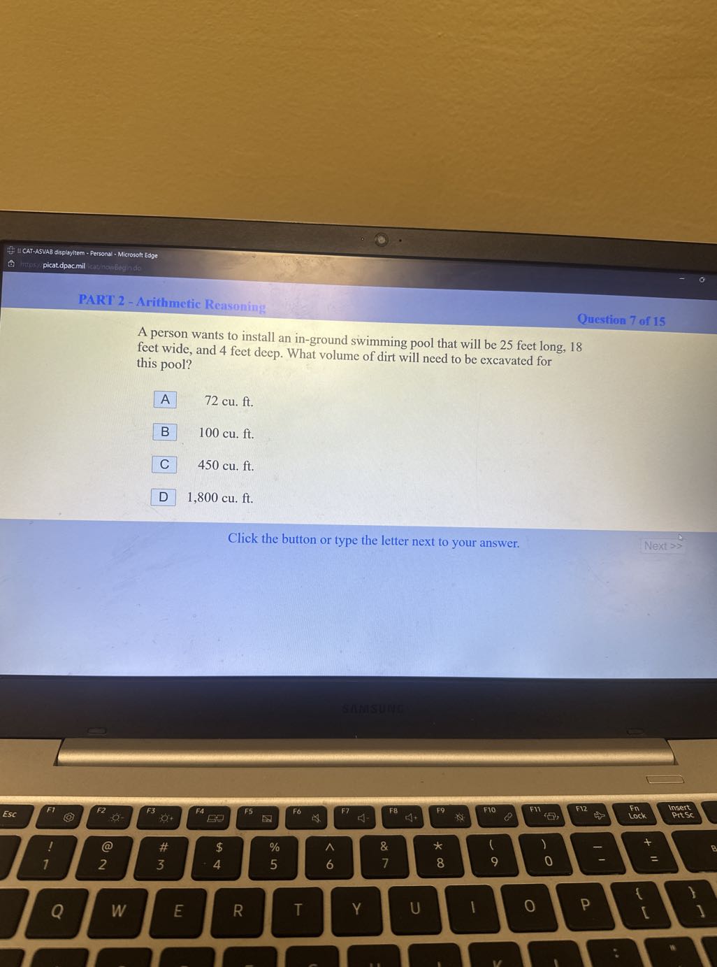 II CAT-ASVAB displayliem - Personal - Microsoft Edge PART 2 - Arithmetic Reasoning Question 7 of ...