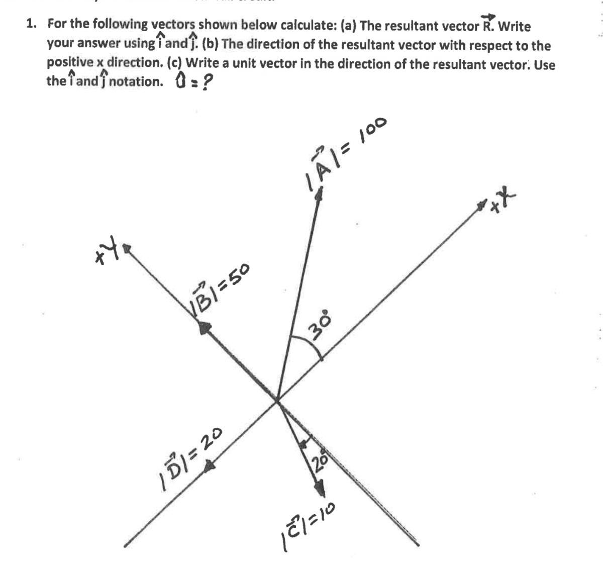 1. For the following vectors shown below calculate: (a) The resultant vector R⃗. Write your ...