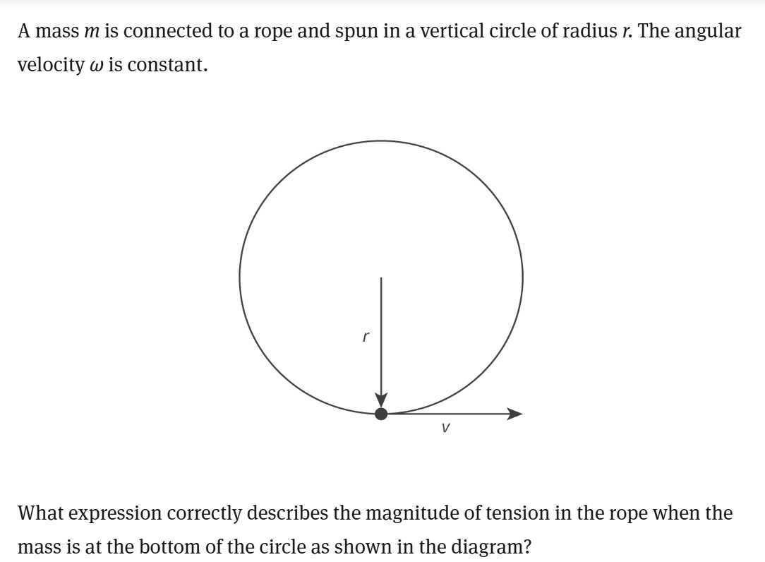 a mass m is connected to a rope and spun in a vertical circle of radius ...
