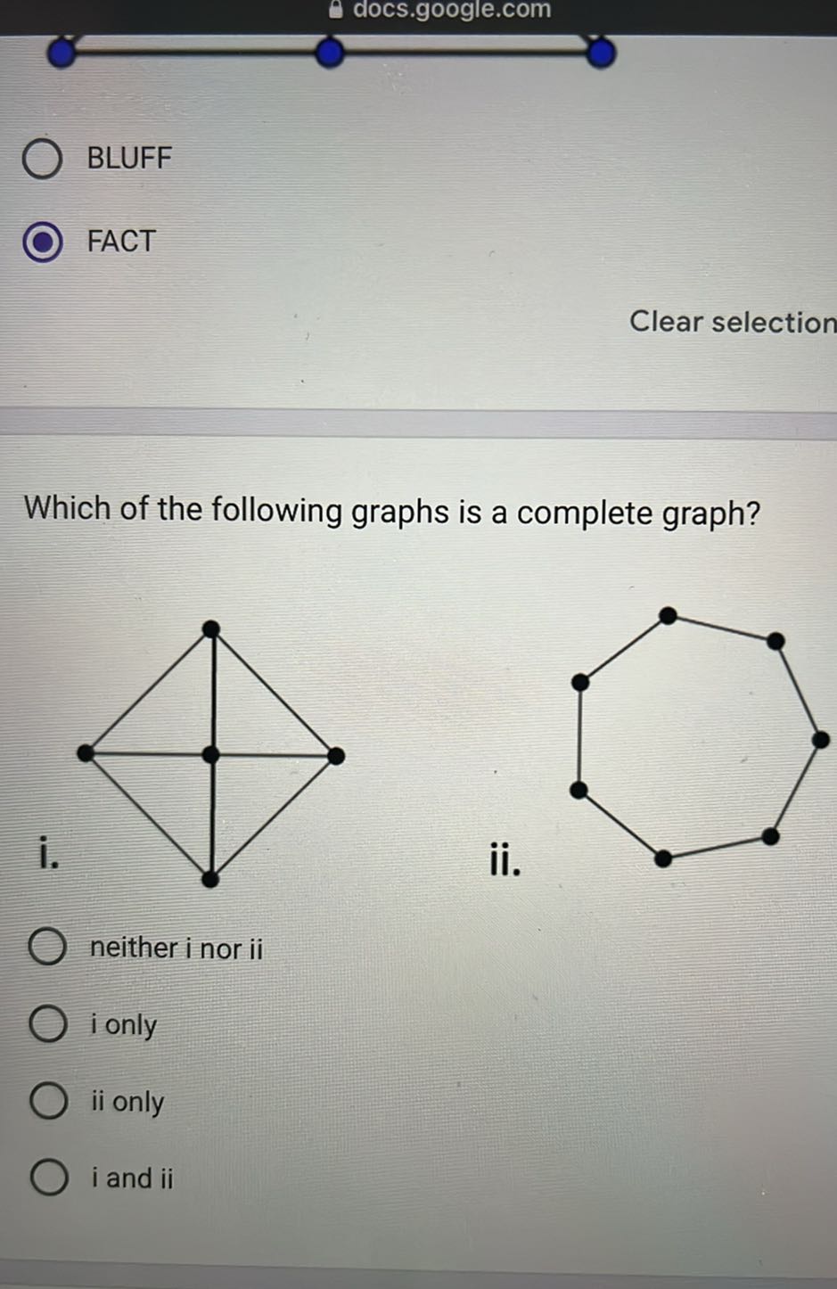 docs.google.com BLUFF FACT Clear selection Which of the following graphs is a complete graph? i ...