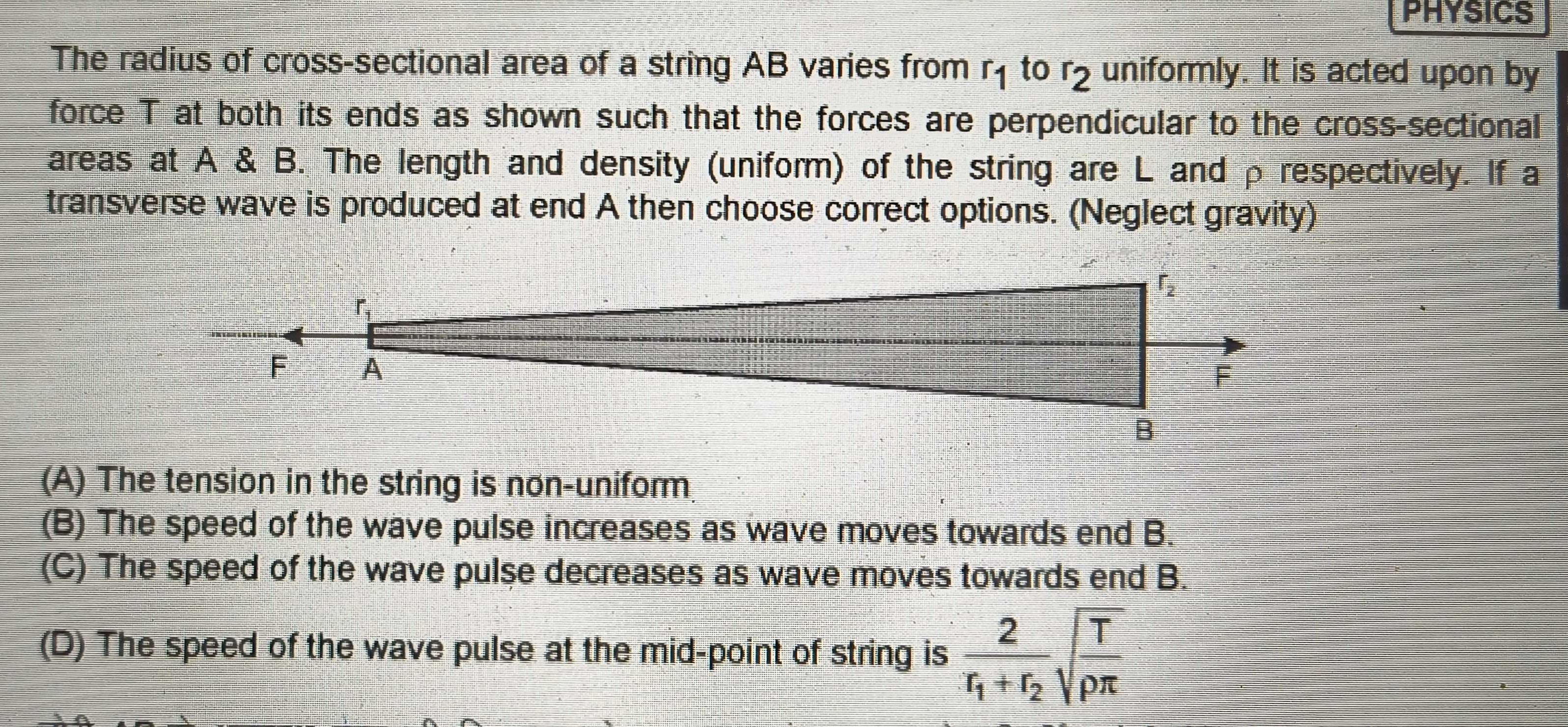 the radius of cross sectional area of a string a b varies from r1 to r2 ...
