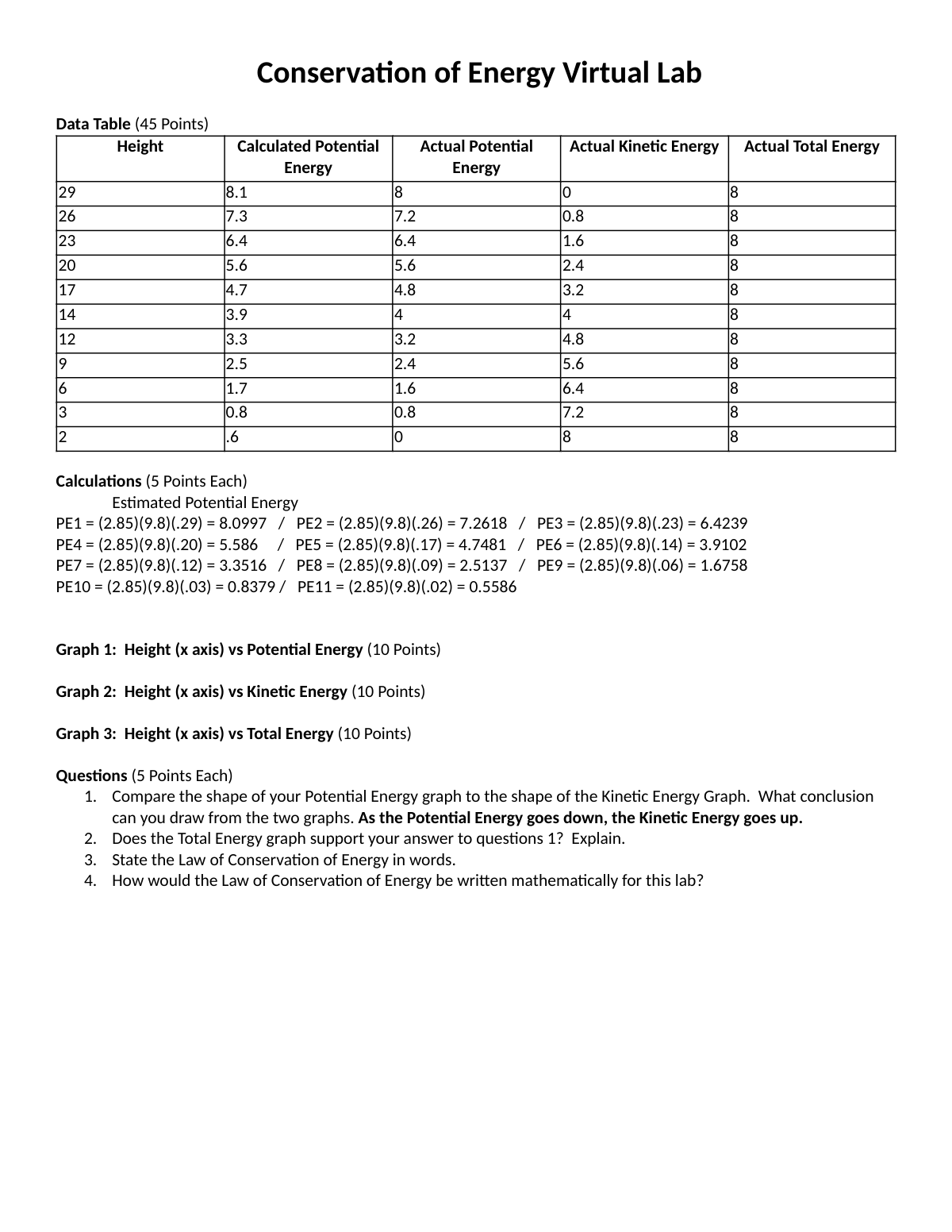 Conservation of Energy Virtual Lab Data Table (45 Points) Height ...