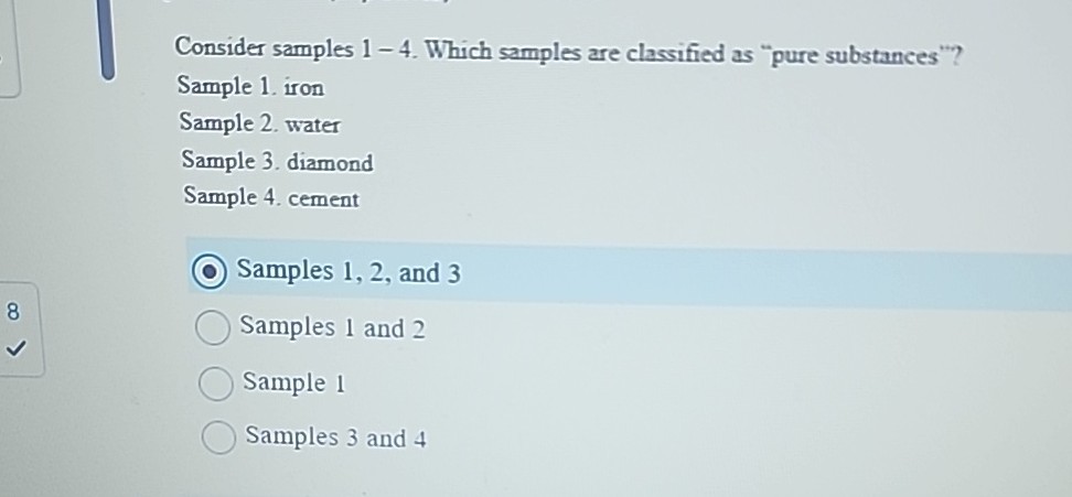 Consider samples 1-4. Which samples are classified as "pure substances ...