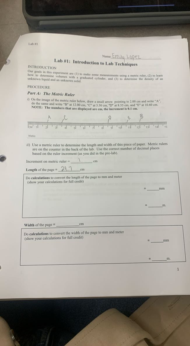 Lab HI Name Emily Lopez Lab #1: Introduction to Lab Techniques ...