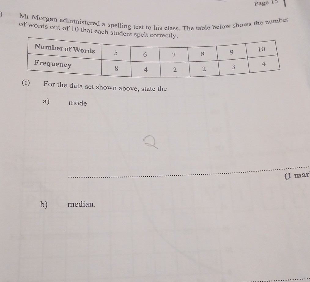 Mr Morgan administered a spelling test to his class. The table below ...