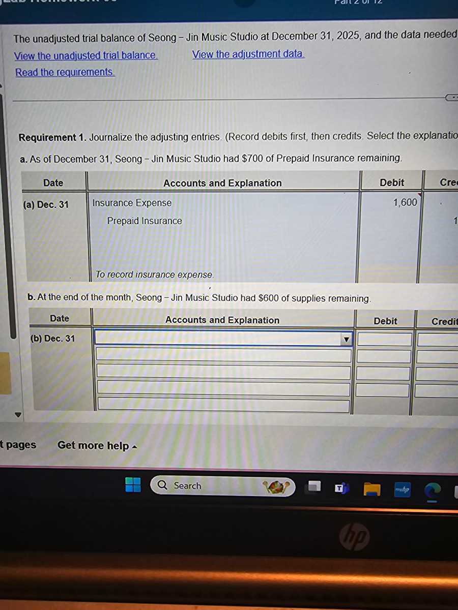 The unadjusted trial balance of Seong - Jin Music Studio at December 31, 2025, and the data ...