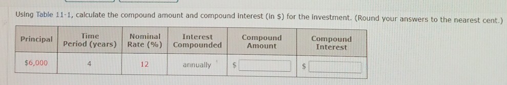 Using Table 11-1, calculate the compound amount and compound interest (in $) for the investment ...