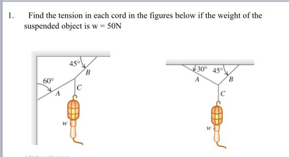 1. Find the tension in each cord in the figures below if the weight of ...