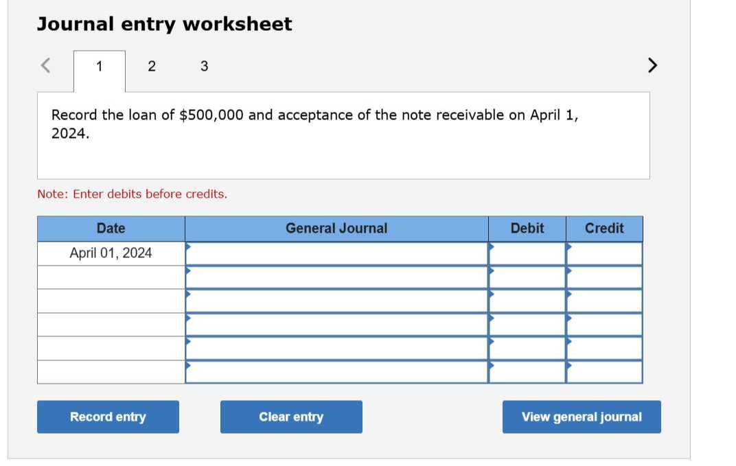 journal entry worksheet 1 2 3 record the loan of 500000 and acceptance ...