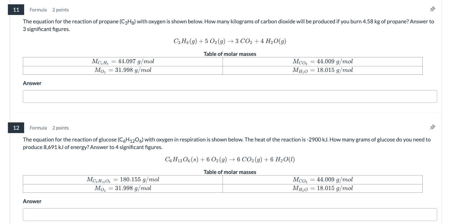 11 Formula 2 points The equation for the reaction of propane (C3H8 ...