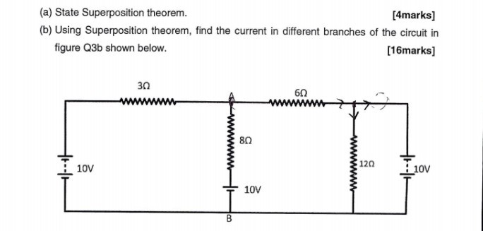 (a) State Superposition theorem. [4marks] (b) Using Superposition theorem, find the current in ...