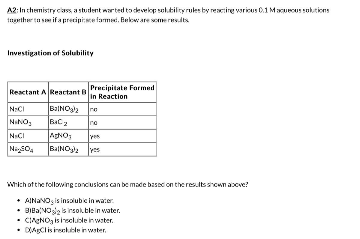 A2: In chemistry class, a student wanted to develop...