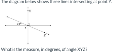 The diagram below shows three lines intersecting at point Y. What is the measure, in degrees, of ...