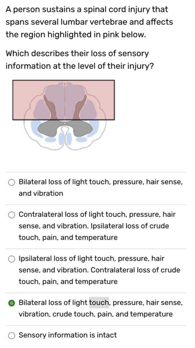 A person sustains a spinal cord injury that spans several lumbar ...