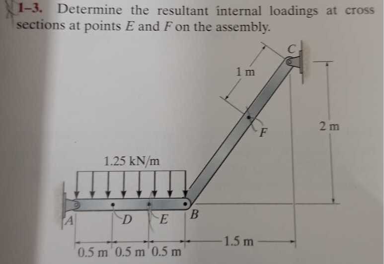 1-3. Determine the resultant internal loadings at cross sections at points E and F on the assembly.