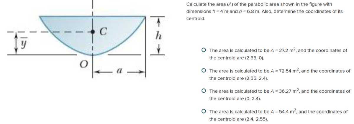 Calculate the area (A) of the parabolic area shown in the figure with ...