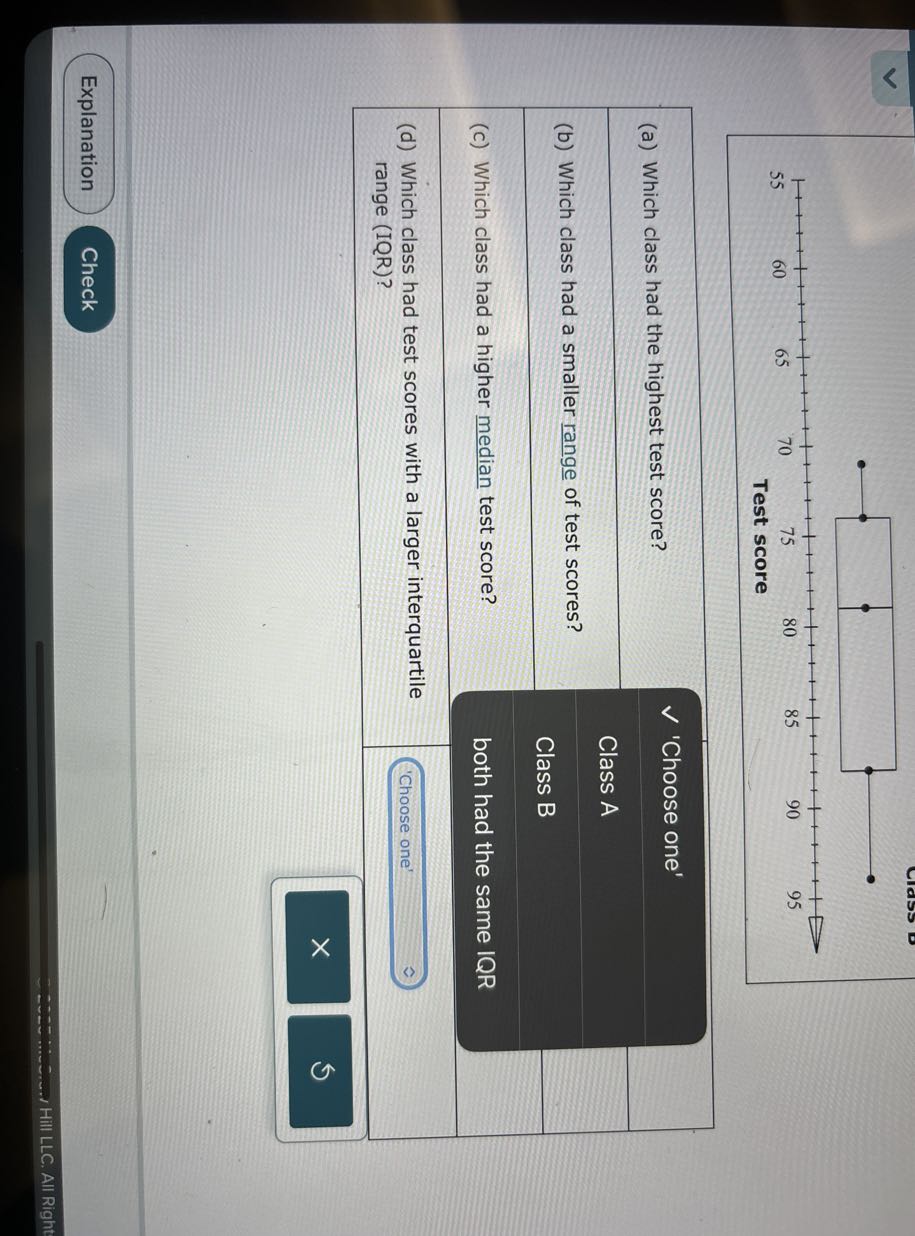 (a) Which class had the highest test score? 'Choose one' Class A (b ...