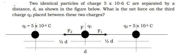 Two identical particles of charge 5 × 10-6 C are separated by a distance, d, as shown in the ...