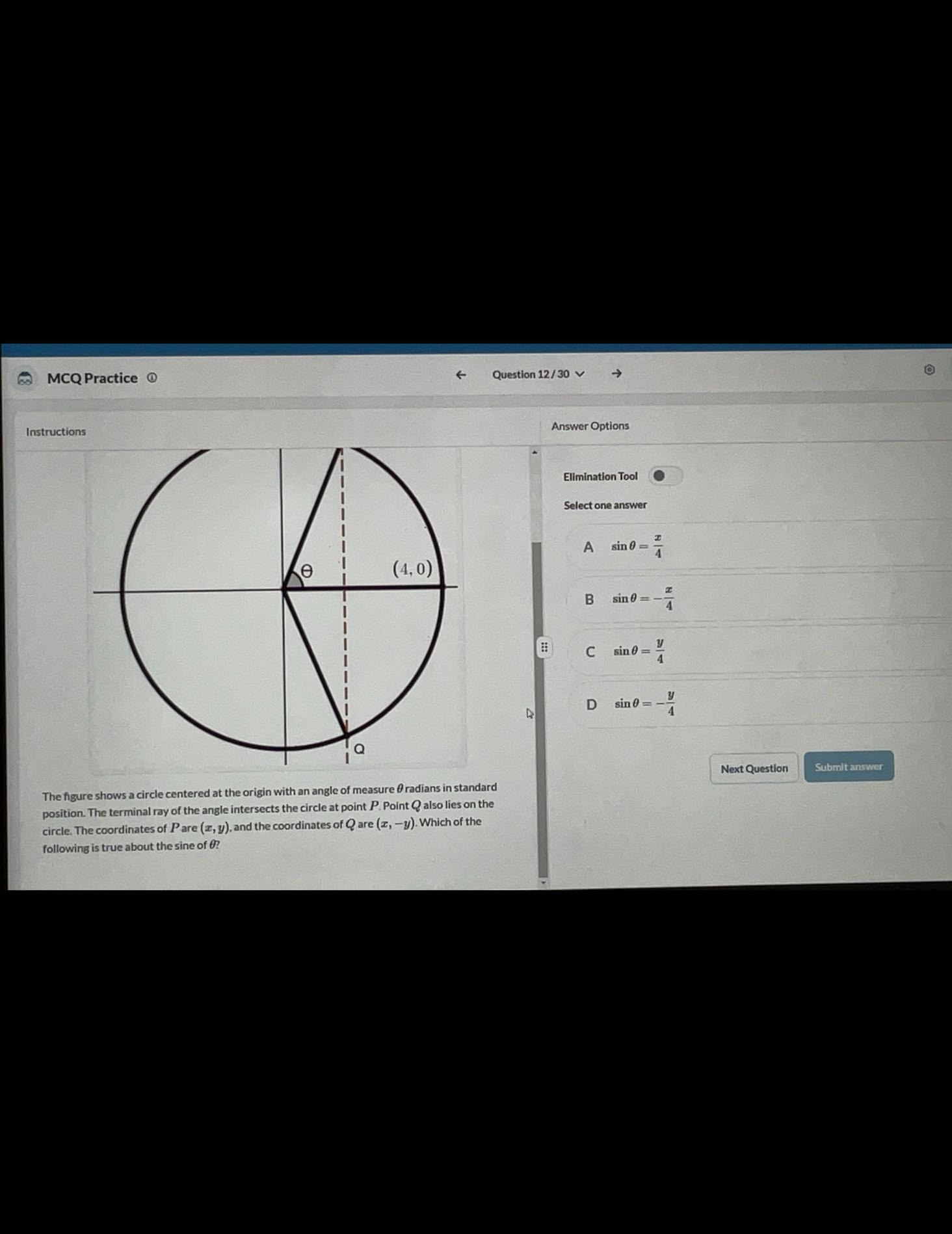 MCQ Practice Question 12/30 Instructions Answer Options The figure shows a circle centered at ...