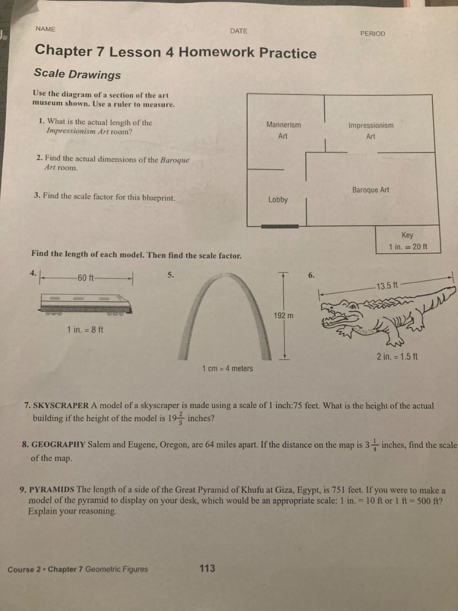 name date period chapter 7 lesson 4 homework practice scale drawings ...