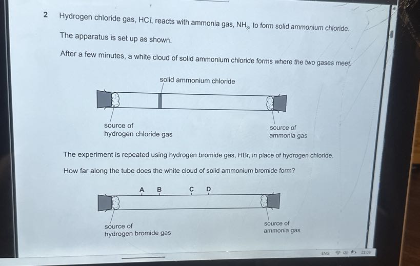 2 Hydrogen chloride gas, HCl , reacts with ammonia gas, NH3, to form ...