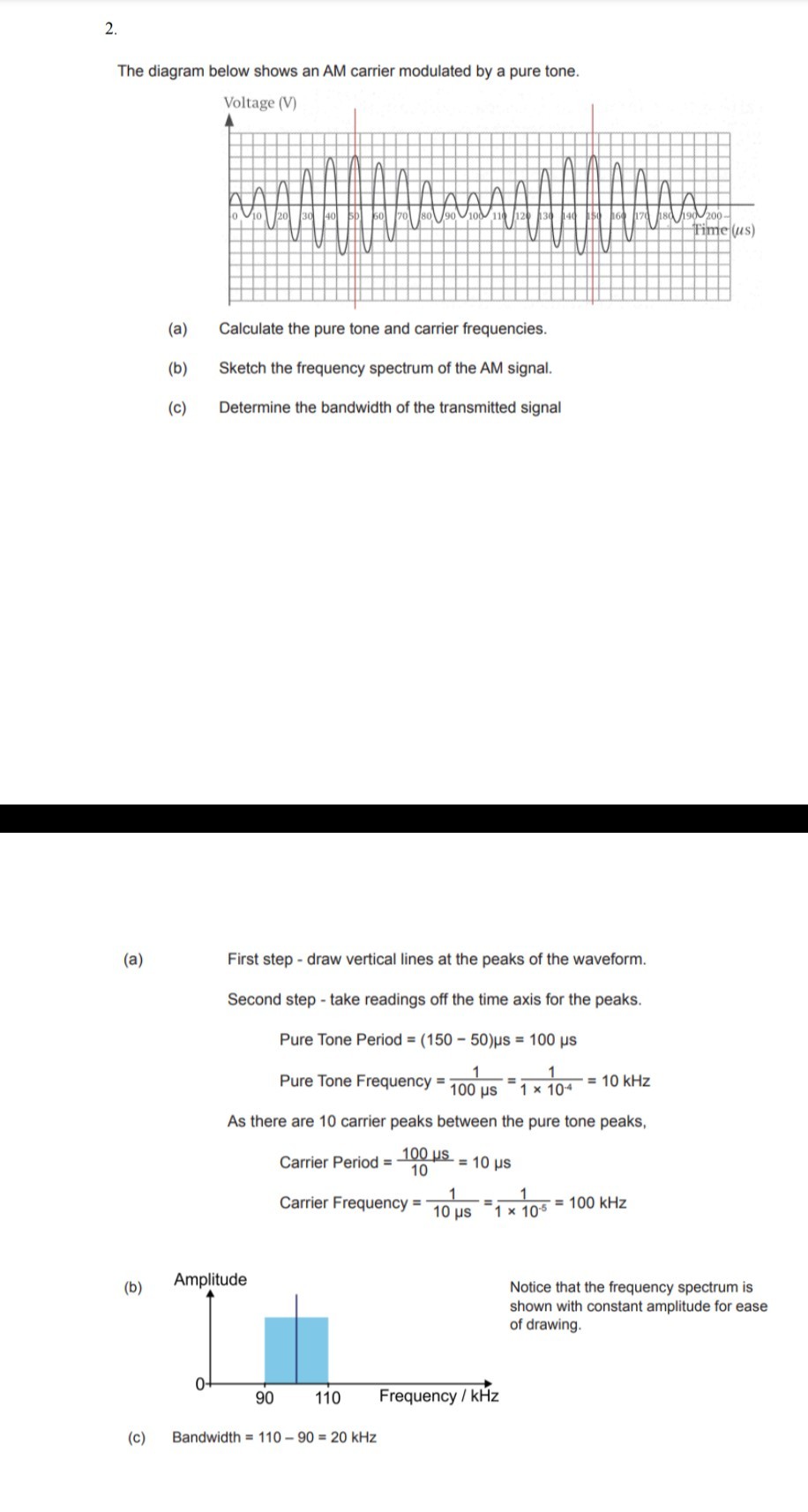 2. The diagram below shows an AM carrier modulated by a pure tone. (a ...