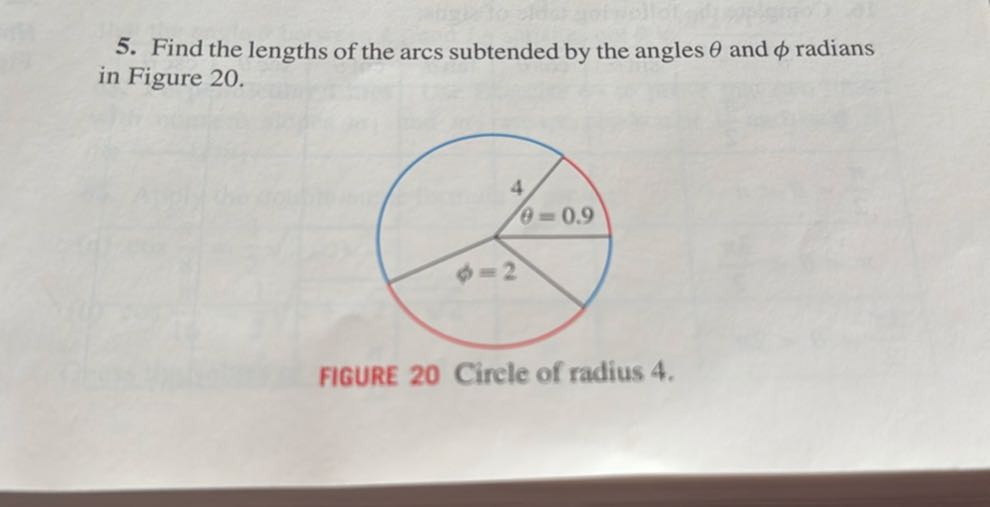 5. Find the lengths of the arcs subtended by the angles θ and ϕ radians in Figure 20. FIGURE 20 ...