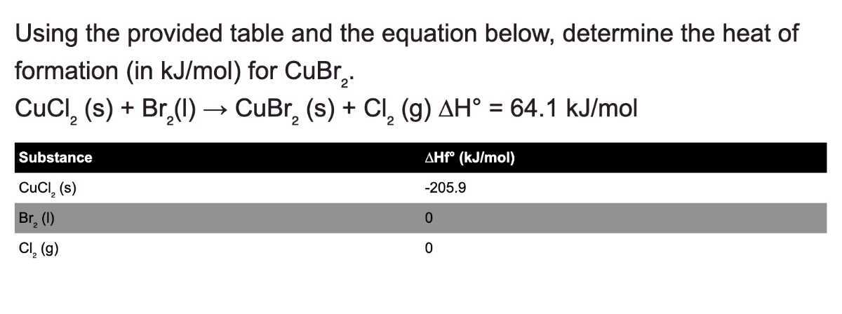 Using the provided table and the equation below, determine the heat of ...