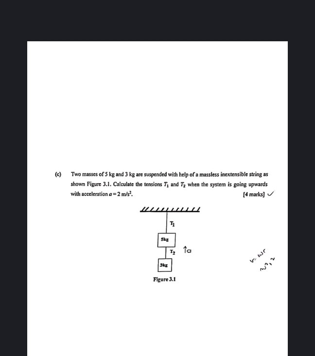 (c) Two masses of 5 kg and 3 kg are suspended with help of a massless inextensible string as ...