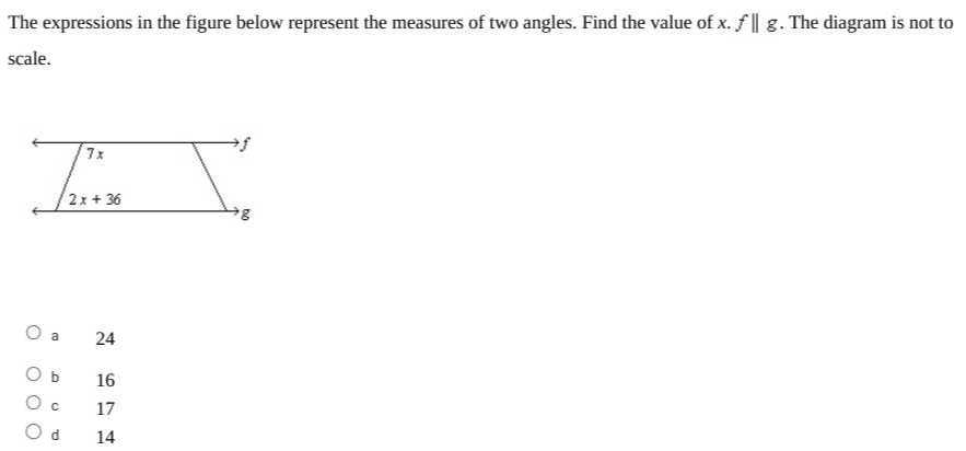 the expressions in the figure below represent the measures of two angles find the value of x f g ...