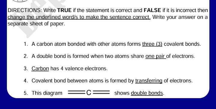 directions write true if the statement is correct and false if it is incorrect then change the ...