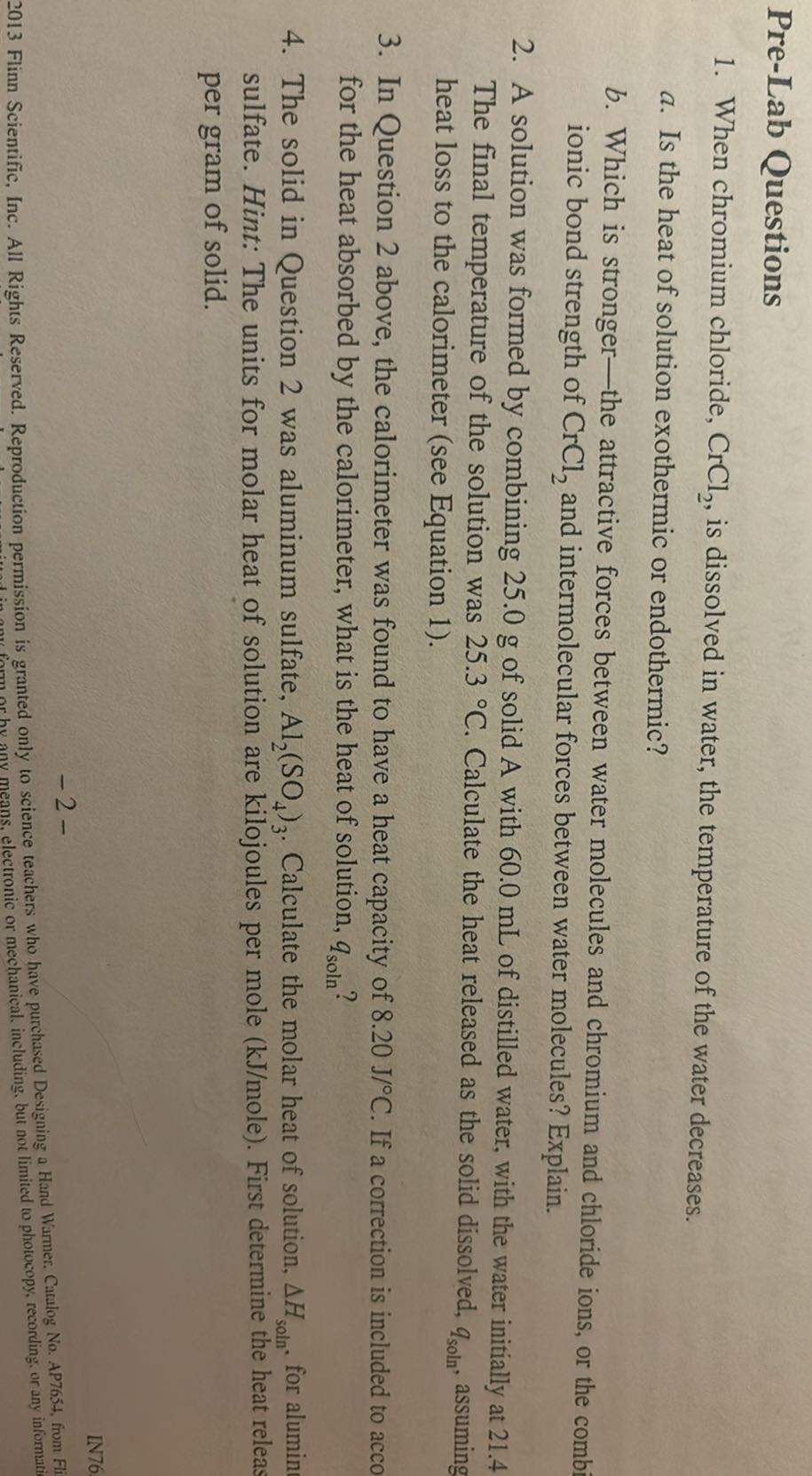 Pre-Lab Questions 1. When chromium chloride, CrCl2, is dissolved in ...