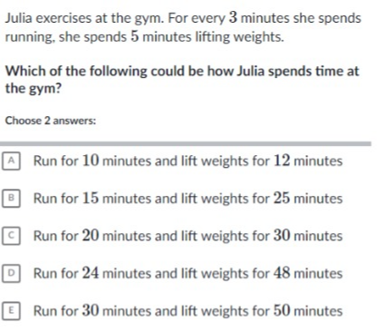 Julia exercises at the gym. For every 3 minutes she spends running, she ...