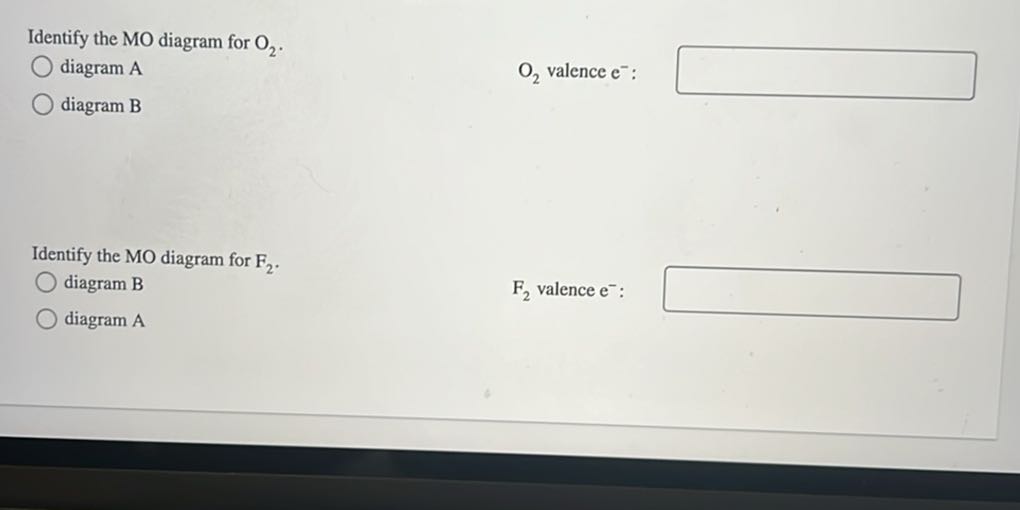 Identify the MO diagram for O2. diagram A O2 valence e^-: diagram B Identify the MO diagram for ...