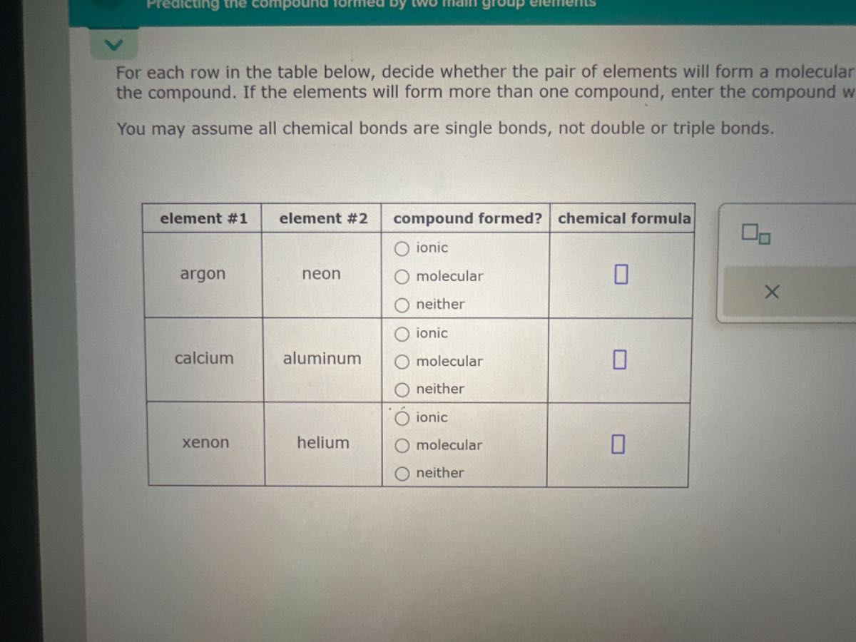 For each row in the table below, decide whether the pair of elements ...