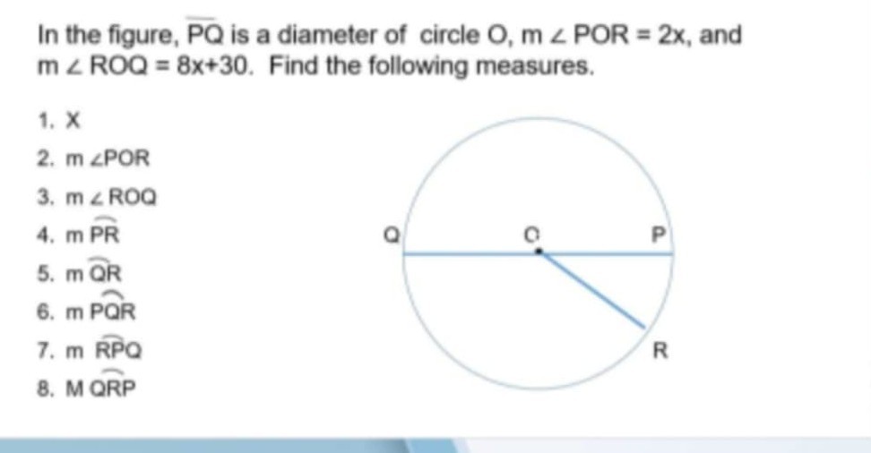 In the figure, PQ is a diameter of circle O, m∠POR=2 x, and m ∠ R O Q=8 x+30. Find the following ...