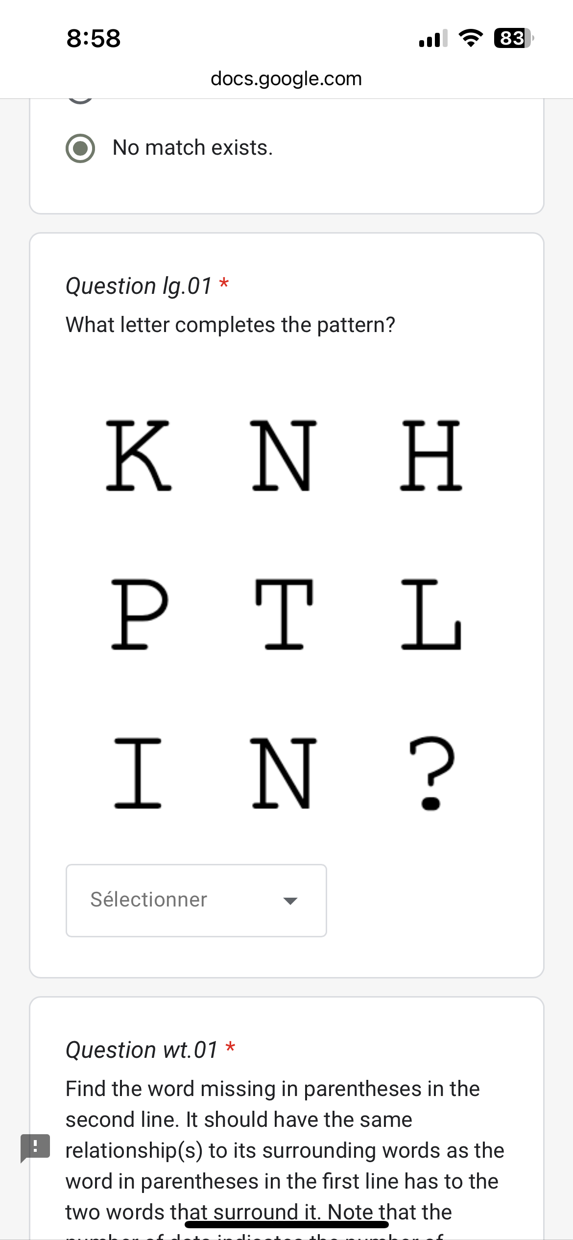 [GET ANSWER] 8: 58 83 docs.google.com No match exists. Question .01 ...
