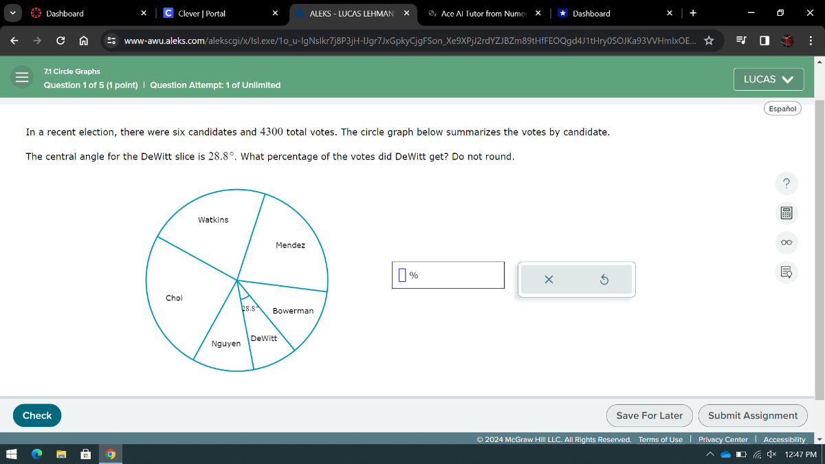 SOLVED: Dashboard Clever | Portal ALEKS - LUCAS LEHMAN Ace Al Tutor from Nume Dashboard 7.1 ...