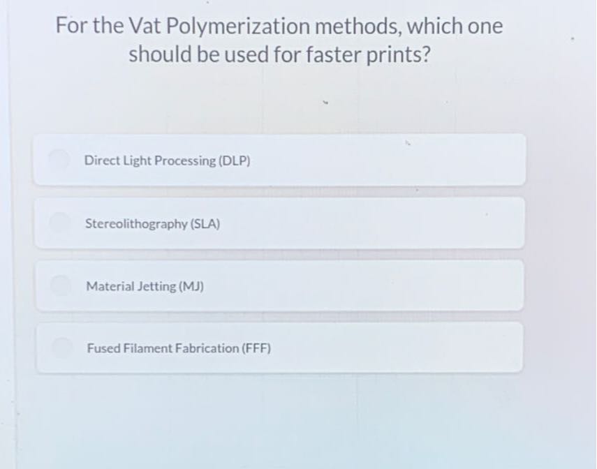For the Vat Polymerization methods, which one should be used for faster ...