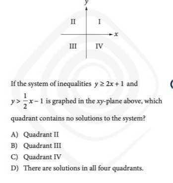 If the system of inequalities y ≥ 2 x+1 and y>(1)/(2) x-1 is graphed in the x y-plane above ...