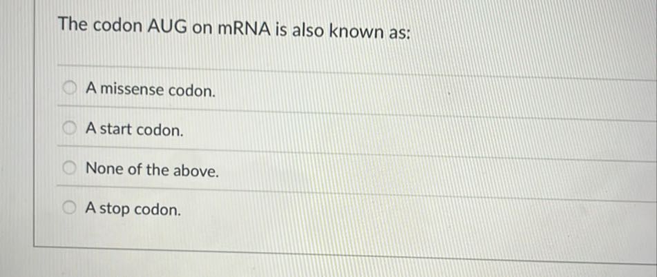 The codon AUG on mRNA is also known as: A missense codon. A start codon ...