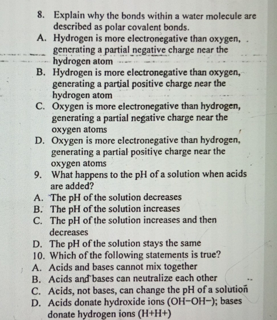 8 explain why the bonds within a water molecule are described as polar ...