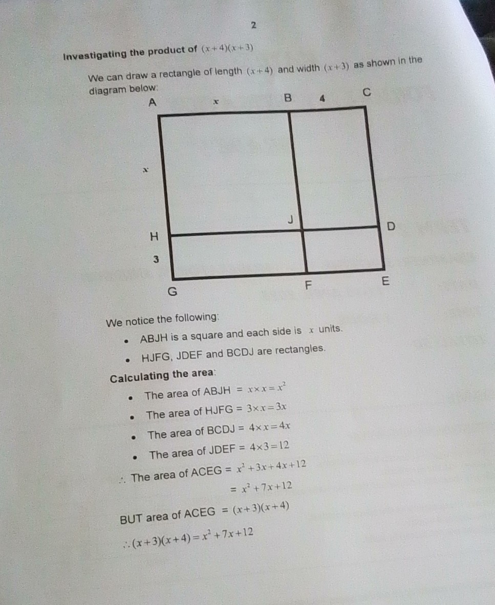 2 Investigating the product of (x+4)(x+3) We can draw a rectangle of ...