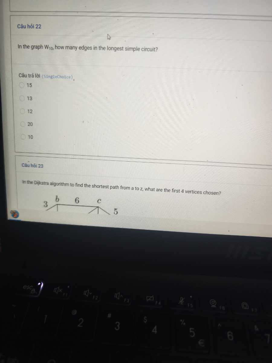 [GET ANSWER] Câu h?i 22 In the graph W10, how many edges in the longest ...